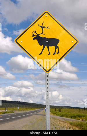 Caribou warning sign marker danger along Glenn Highway Alaska AK U S ...