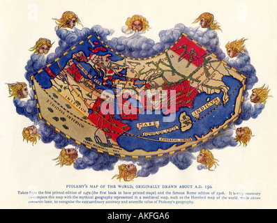 world map by Claudius Ptolemy, circa 100-180 AD, a Greek mathematician ...