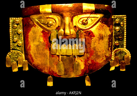 Golden pre-Columbian Inca mask, replica, sheet brass with semi-precious ...