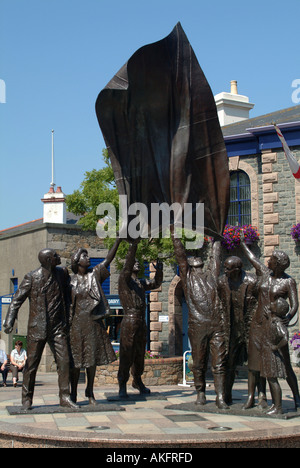 Liberation Square Statue with Jersey flag behind statue St Helier ...