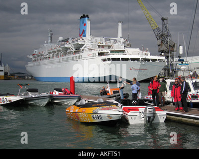 The funnel of the cruise ship Thomson Celebration showing the logo of ...