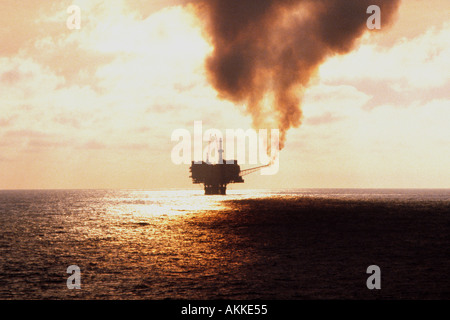Ninian Central North Sea oil platform seen over an oily sea Scotland ...