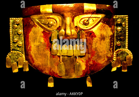Golden pre-Columbian Inca mask, replica, sheet brass with semi-precious ...