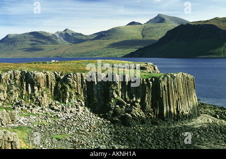 Columnar basalt cliffs Ulva with view to Mull and Ben More Hebrides ...