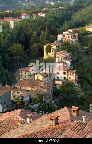 Barga Tuscany Italy view across ancient hill top city with tiled rooves ...