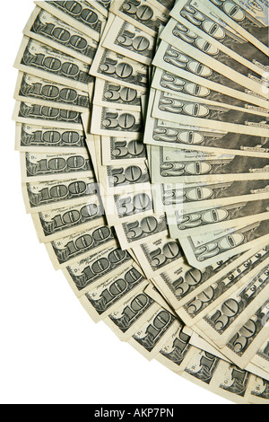 Layers of American money fanned out on white background Stock Photo - Alamy