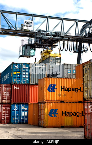 Rhine Germany container transport containers boat vessel german Stock ...