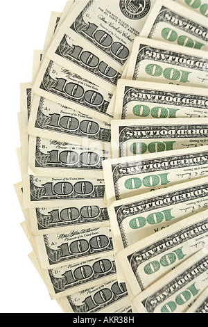 Layers of American money fanned out on white background Stock Photo - Alamy