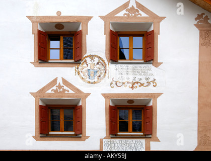 Windows of a typical Engadin house, Ardez, Lower Engadin, Grisons ...