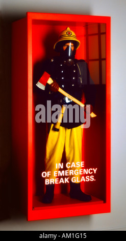 In case of fire break glass, shattered pane in front of fire sign Stock ...