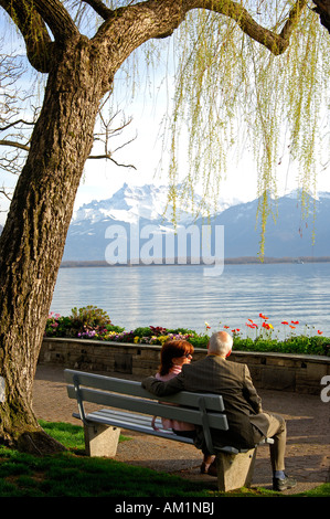 Springtime at Lake Geneva, Dents du Midi, Vaud, Switzerland Stock Photo ...