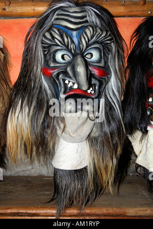 Traditional wooden mask made of Swiss pine wood, Wiler, Loetschental ...
