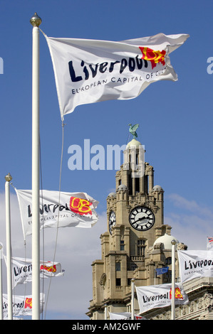 Liverpool Liver Building with 2008 capital of culture bunting Stock ...