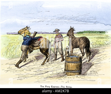 Pony Express rider changing horses. Hand-colored woodcut of a Frederic ...