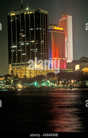 Miami skyline by night Centrust Building and Metro Rail Miami Florida ...