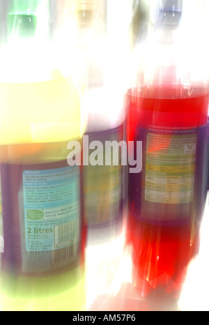 Bottles of carbonated fizzy drinks with nutrition labels and dietary ...