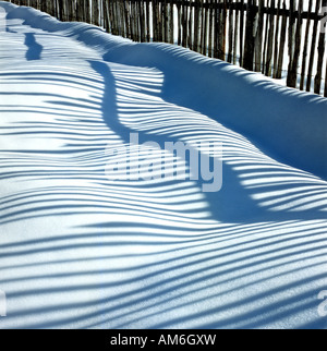 Fence and shadows in the snow on farmland in Scotland Stock Photo - Alamy