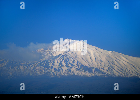 Snow covered Mount Etna volcano and Catania city center at sunset, from ...