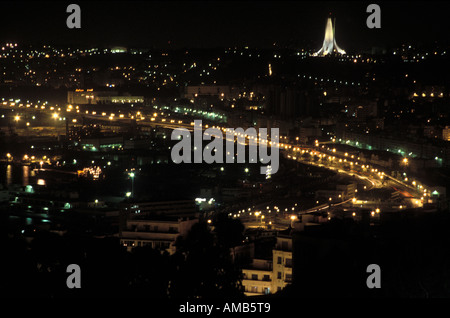 Algeria, Night view of city and port from Place de la Grande Poste ...