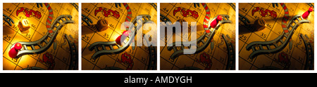 FOUR PICTURE SEQUENCE OF SNAKES AND LADDERS GAME BOARD SHOWING ...