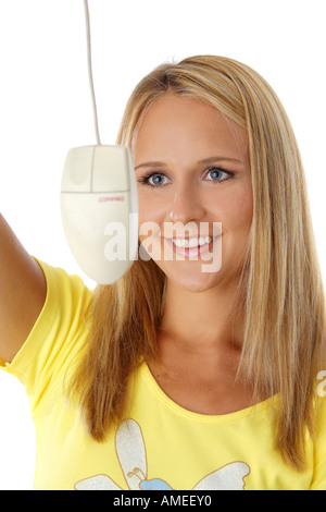 blond woman holding computer mouse Stock Photo - Alamy