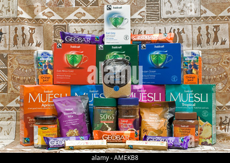 Display of Fairtrade products including tea coffee sugar cereals and ...