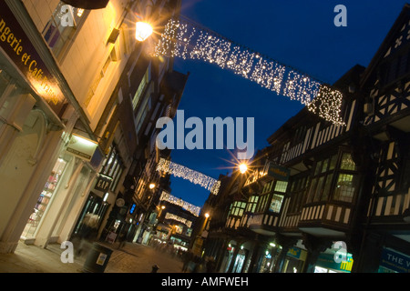 Chester town centre at night with Christmas lights Stock Photo - Alamy