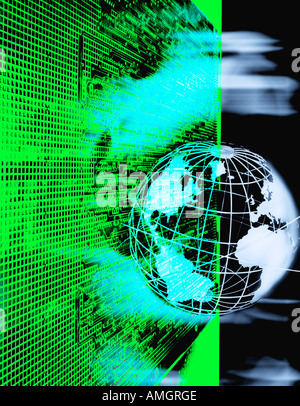 Wire-frame globe on green oval over dark backdrop Stock Photo - Alamy