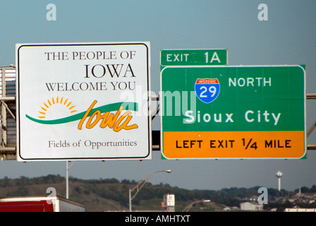 Welcome to Iowa sign on Interstate 80 freeway leaving Nebraska Stock ...