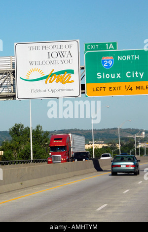 Welcome to Iowa sign on Interstate 80 freeway leaving Nebraska Stock ...