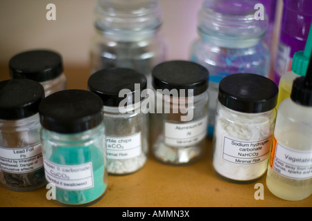 School science laboratory with bottles of chemicals ready for an ...