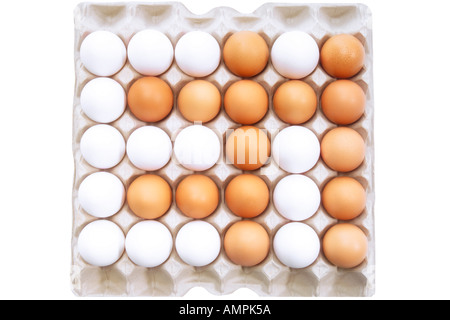 A row of fresh brown organic eggs placed in a cardboard tray package on ...