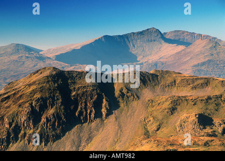 Moelwyn Mawr Summit Snowdon and Cnicht Mountains behind Snowdonia North ...
