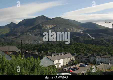 Quarry above Bethesda Gwynedd North Wales with row of terraced houses ...