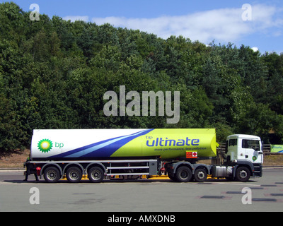 Tanker truck lorry BP Ultimate fuel tanker lorry driving along English ...