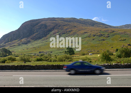 Car driving through Snowdonia National Park, Gwynedd, North West Wales ...