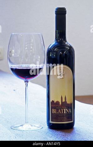 Bottle of Medugorska Blatina red wine 1995. Label detail. Podrum ...