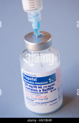 A labeled syringe with propofol, an anesthetic induction drug, capped ...