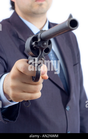 Professional killer with gun on white background, closeup Stock Photo ...
