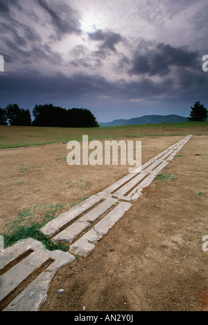 Starting line, the first Olympic Stadium, Olympia, Greece Stock Photo ...