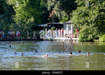 Swimmers at the Mixed Bathing Pond on Hampstead Heath London Stock ...