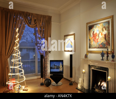 Christmas Room Interior Design, Xmas Tree Decorated By Lights Presents ...