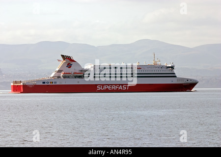 Superfast ferry cruising past Edinburgh Leith into Rosyth Fife Scotland ...