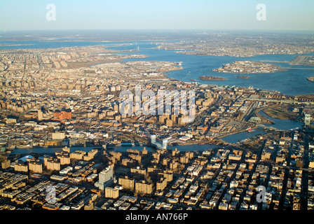 An aerial view of the Harlem River, Manhattan on the right, and the ...