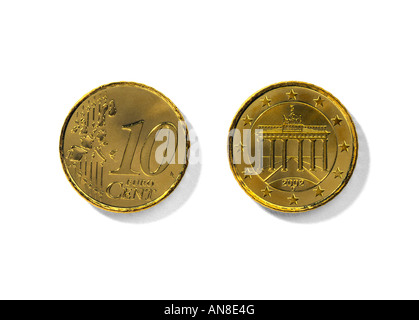 Front and back of the 10 cent Euro coin isolated on a white background ...