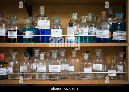 School science laboratory with bottles of chemicals ready for an ...