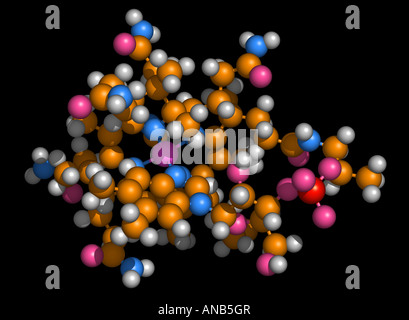 Vitamin B12 (cyanocobalamin), molecular model. Atoms are represented as ...