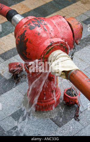 Leaking red fire hydrant and fire hose attached Stock Photo: 5483972 ...