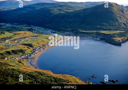 Aerial of Coastal fishing village of Trout River, Newfoundland, Canada ...