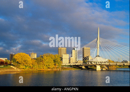 autumn along Red River with Winnipeg skyline in the background ...